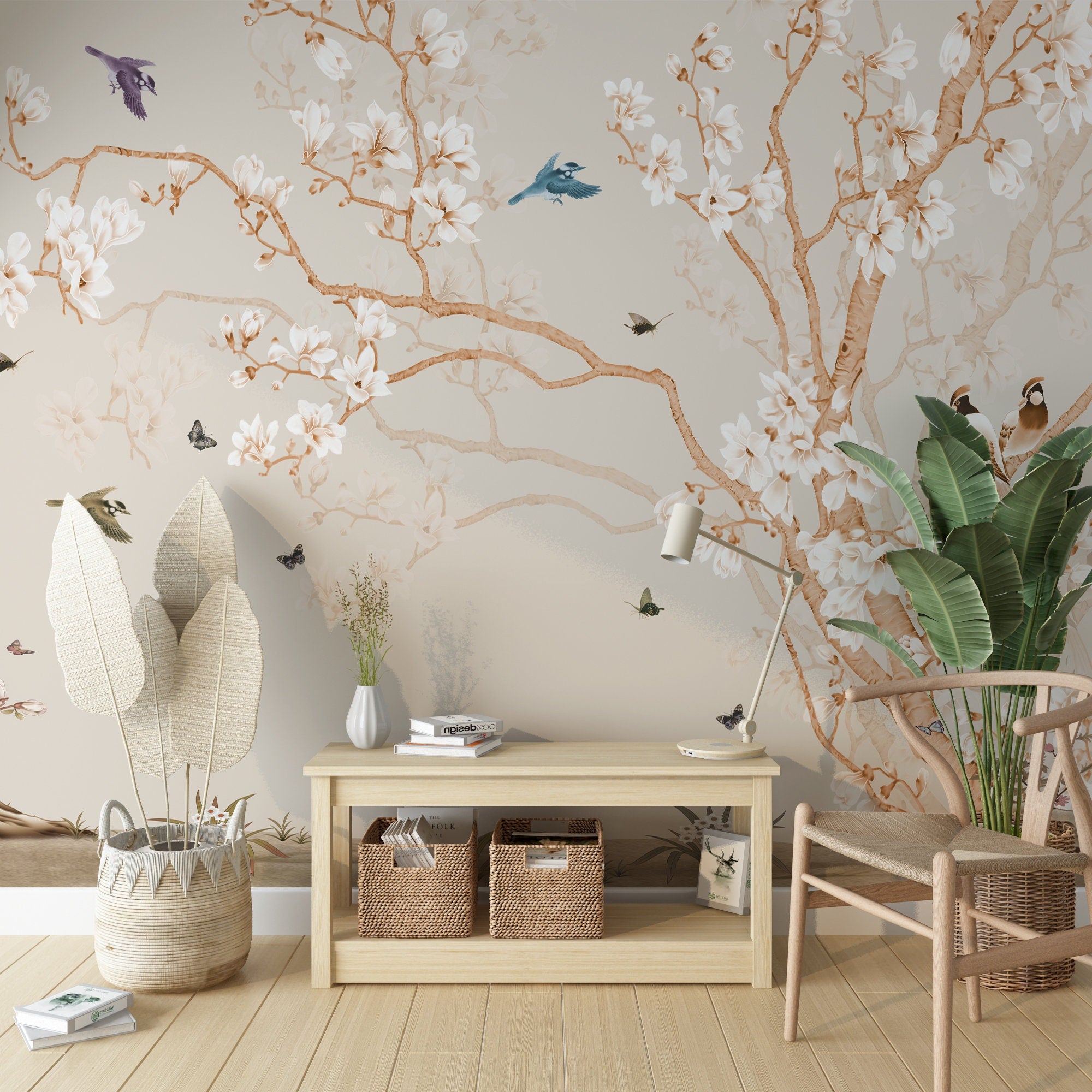 Magnolia Tree Wall Mural: Asian Floral Peel and Stick Wallpaper ...