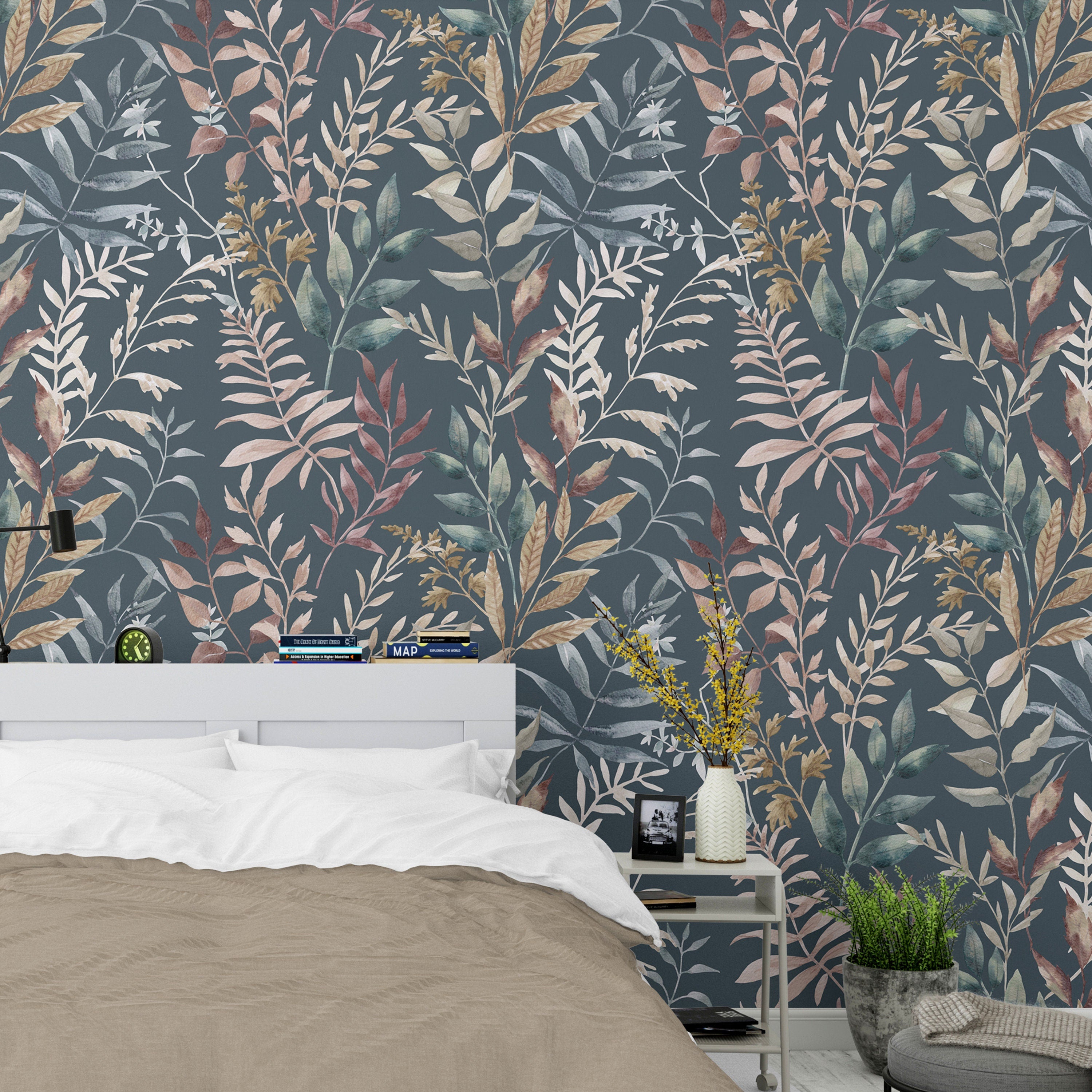 Navy Botanical Wallpaper: Watercolor Leaf Peel and Stick Mural – Scandi ...